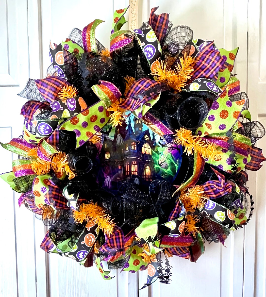 Haunted Mansion Halloween Wreath, Colorful Ribbons, Great on Front Door ...