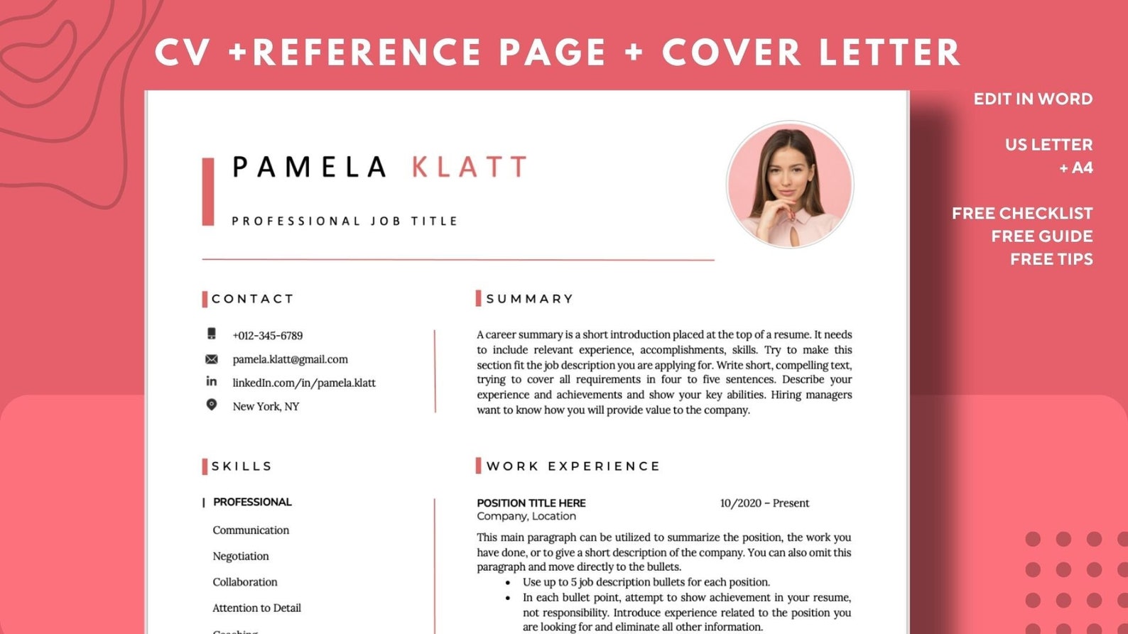 Modern Feminine Minimalist CV Template Resume Template CV Template Word ...
