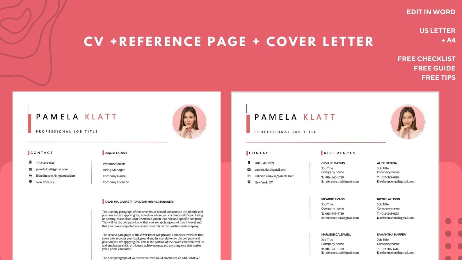 Modern Feminine Minimalist CV Template Resume Template CV Template Word ...
