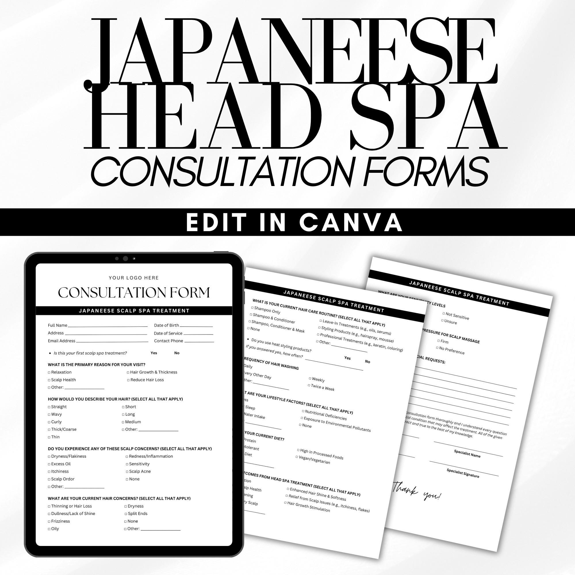 Japanese Head Spa Consultation Forms, Scalp Treatment Intake (editable ...