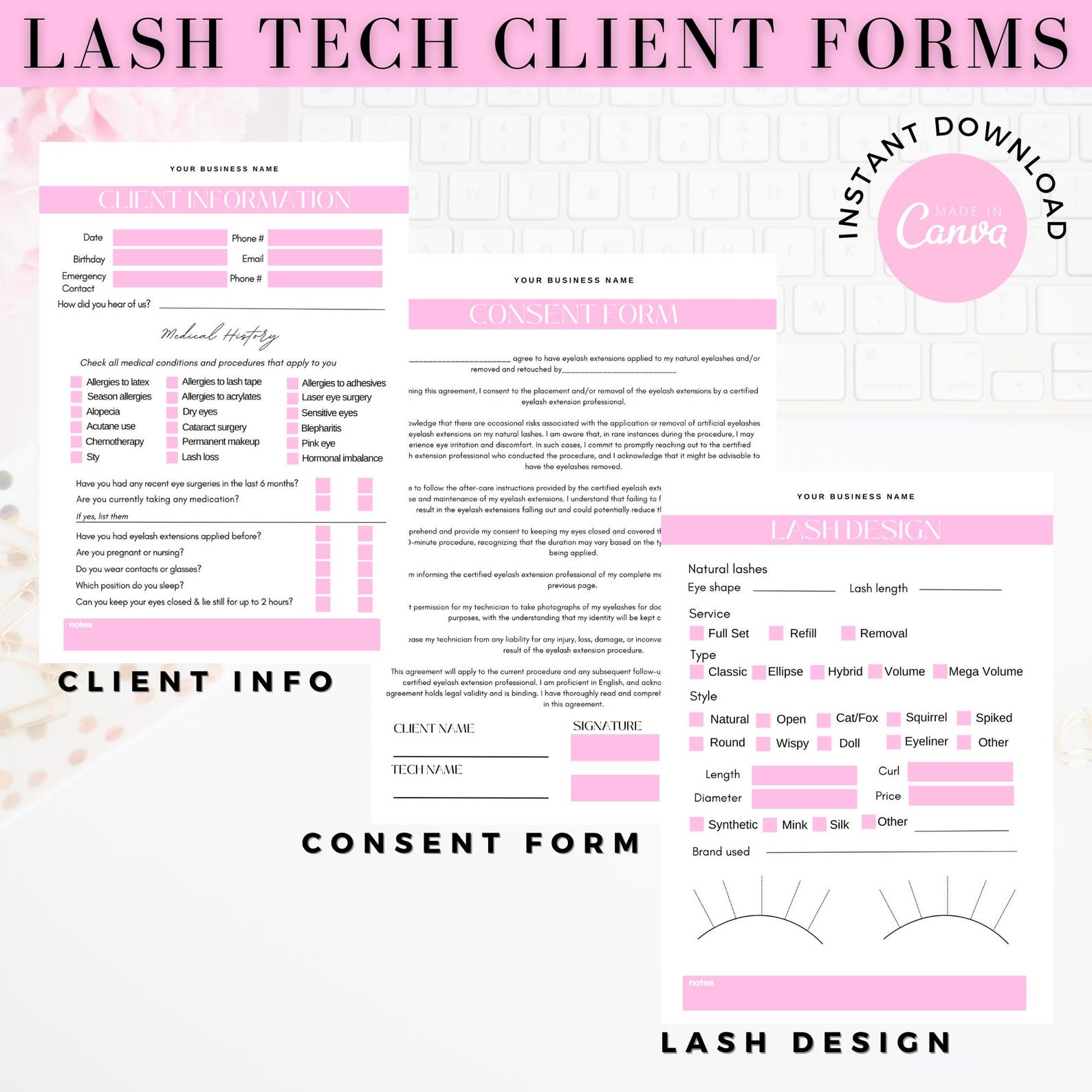 Editable Lash Tech Client Consent Form Bundle, Pink Salon Template ...