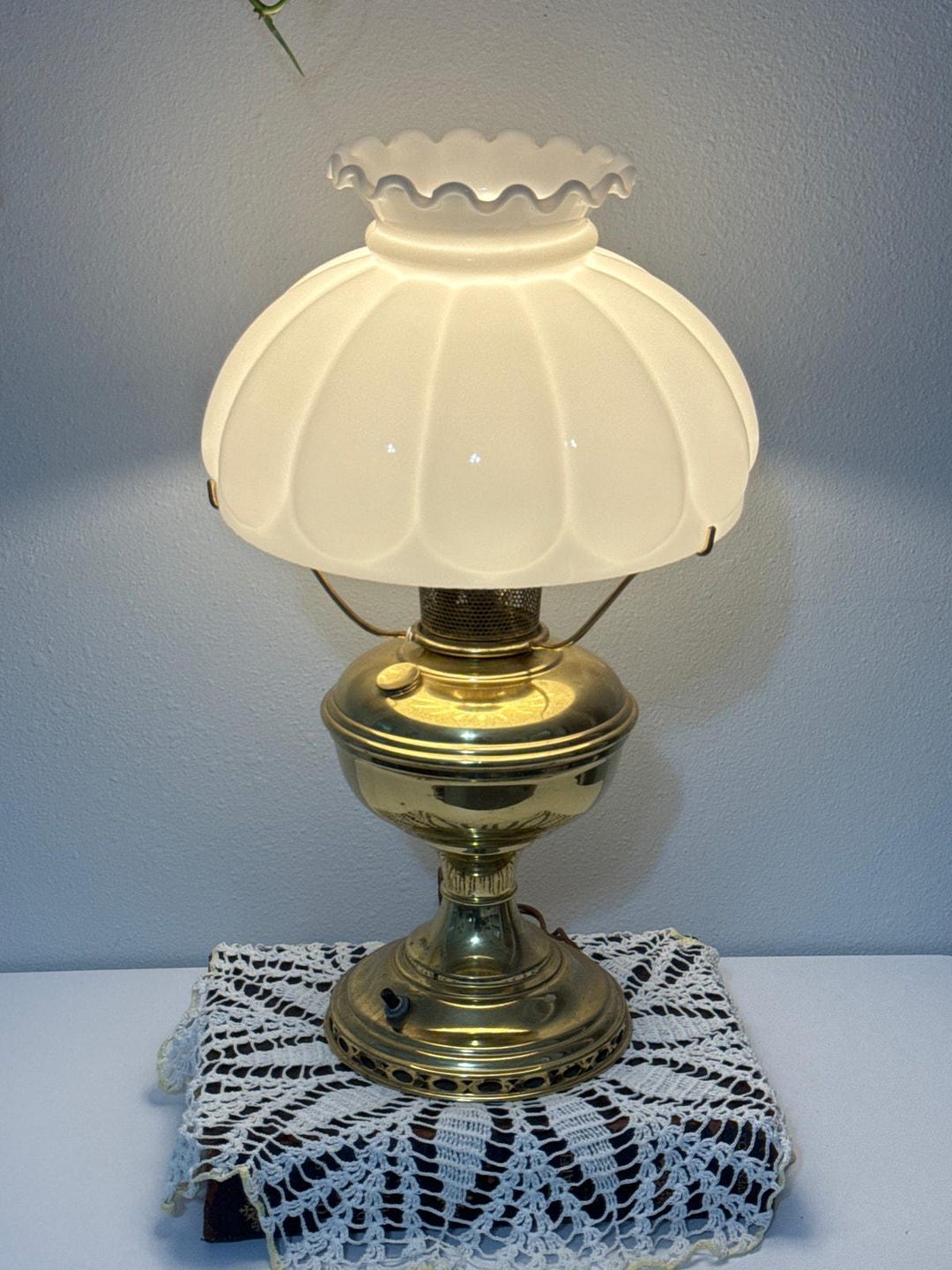 Antique Brass Oil Lamp Converted to Electric With Milk Glass Ruffled ...