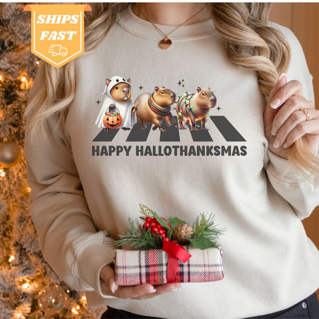 Funny Hallothanksmas Capybara Sweatshirt, Halloween Capybara ...
