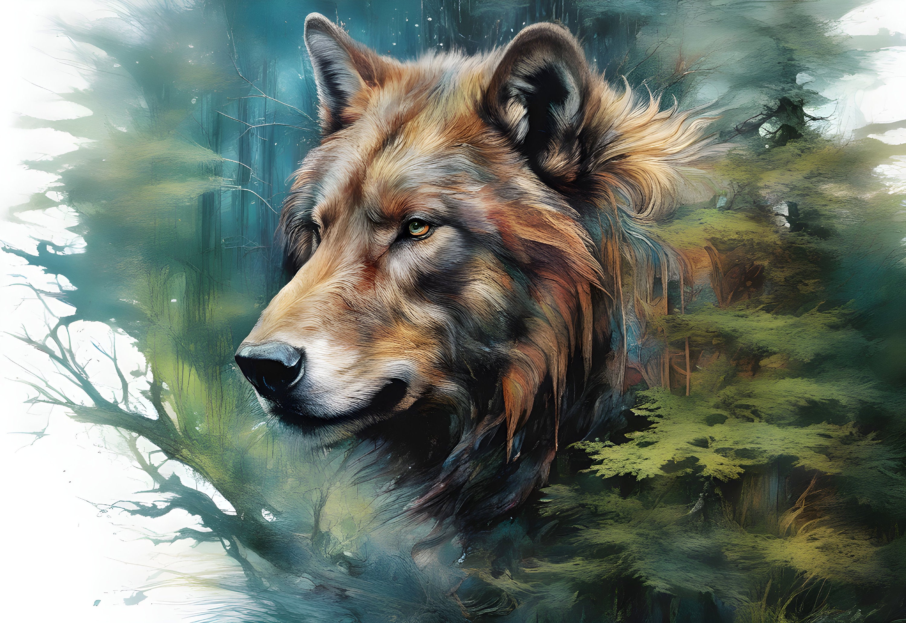 Wolf Art Painting Forest Trees Ferns Wolf Canvas Large - Etsy