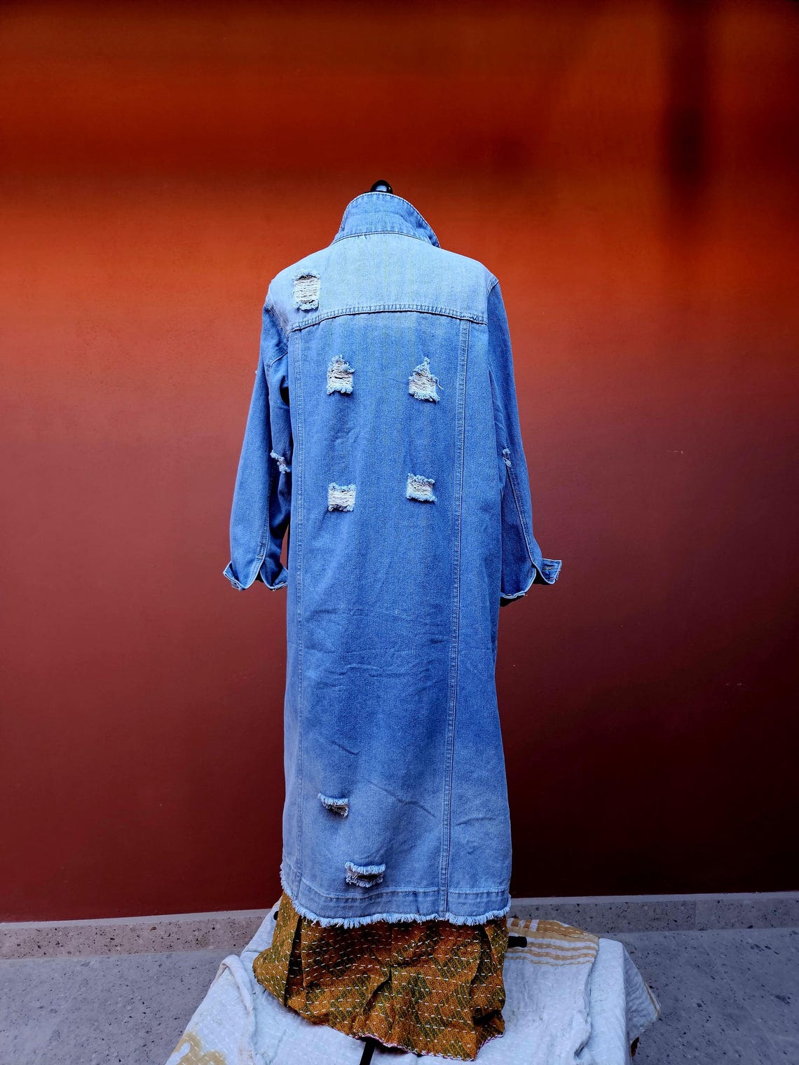 Distressed Denim Duster With Gold and Green Kantha - Etsy