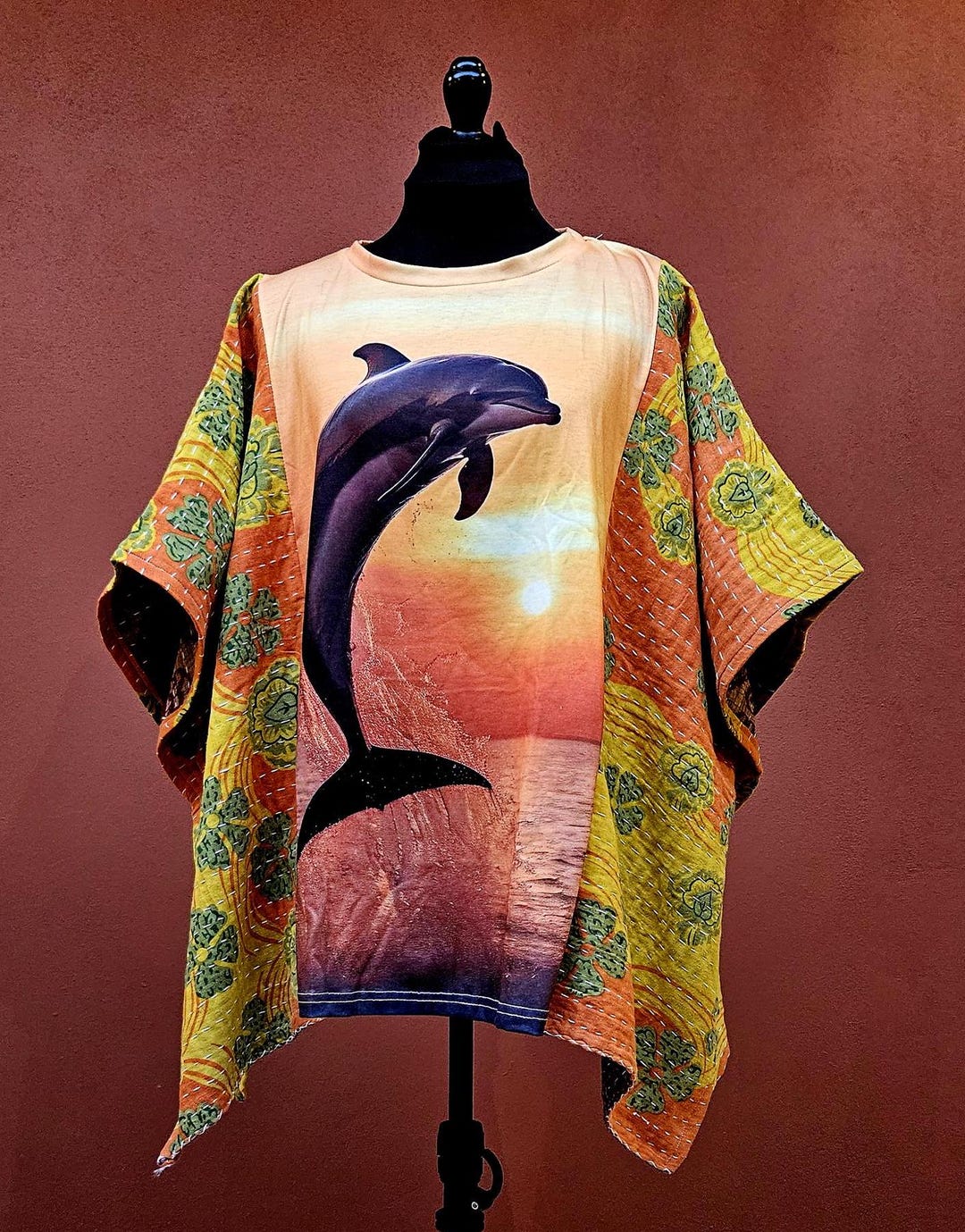Orange and Yellow Dolphin Kantha Poncho - Etsy