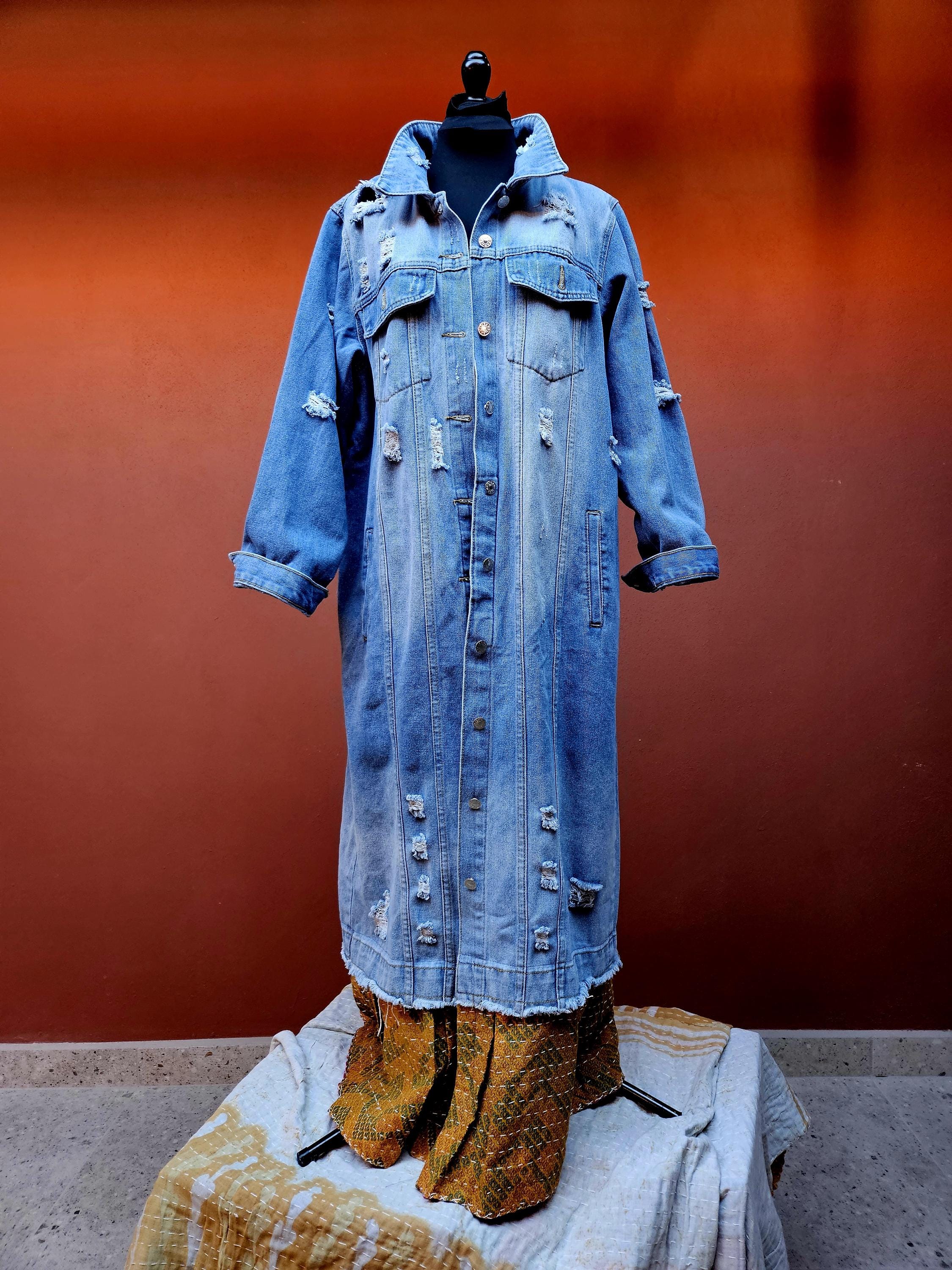 Distressed Denim Duster With Gold and Green Kantha - Etsy