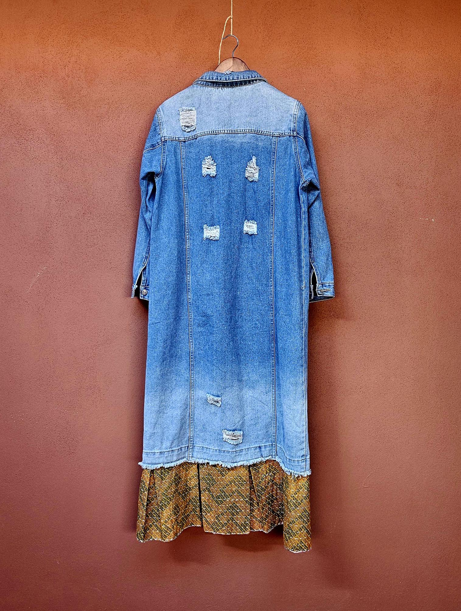 Distressed Denim Duster With Gold and Green Kantha - Etsy