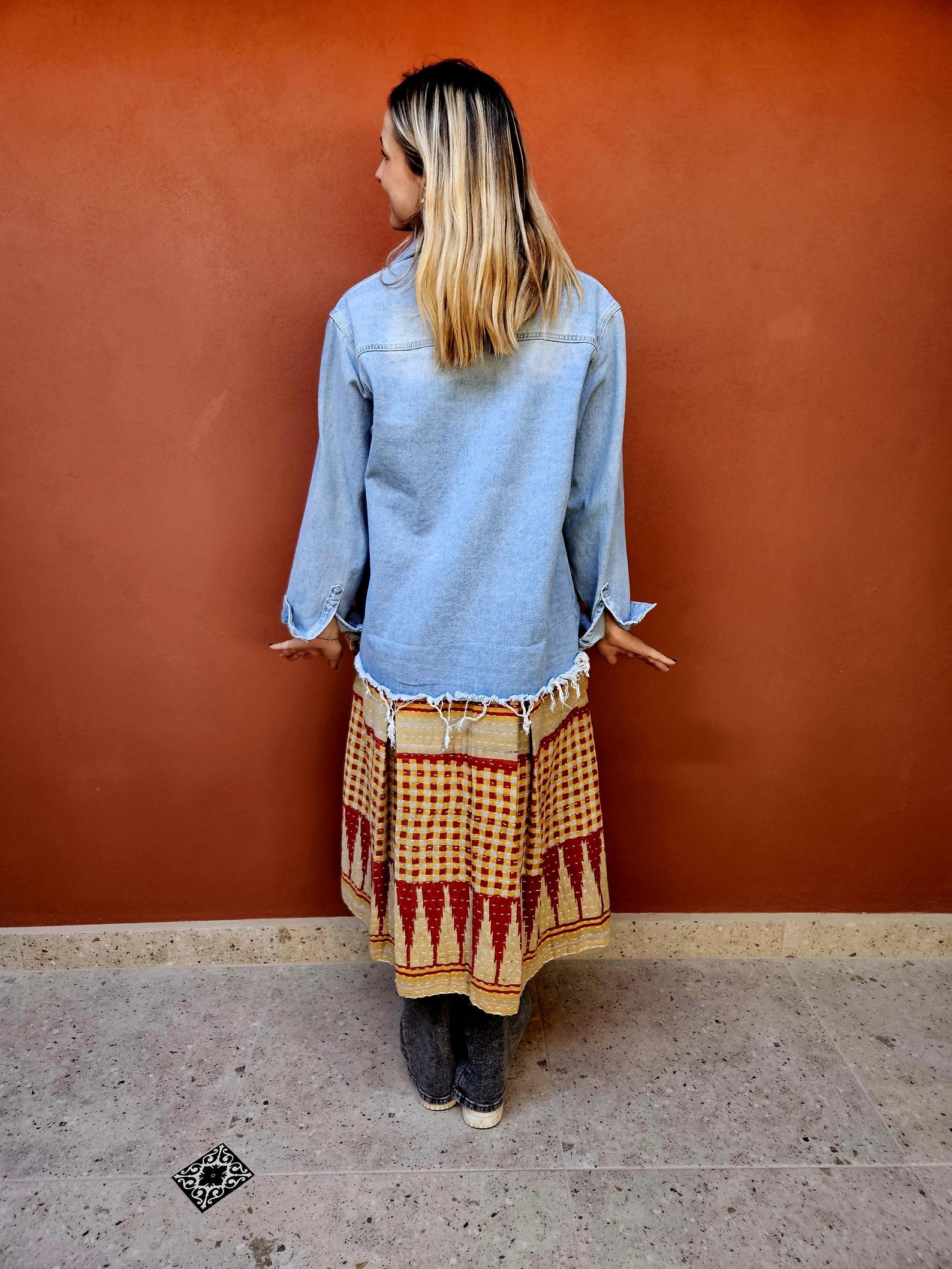 Distressed Denim Duster With Red Tan and Yellow Kantha - Etsy