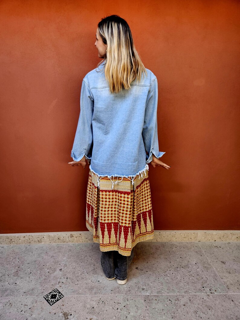 Distressed Denim Duster With Red Tan and Yellow Kantha - Etsy