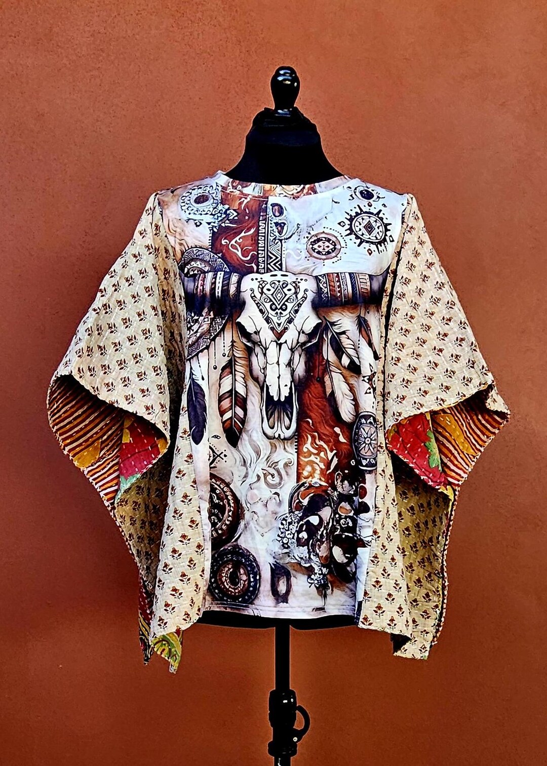 Bull Skull Kantha Poncho Red and Tan - Etsy