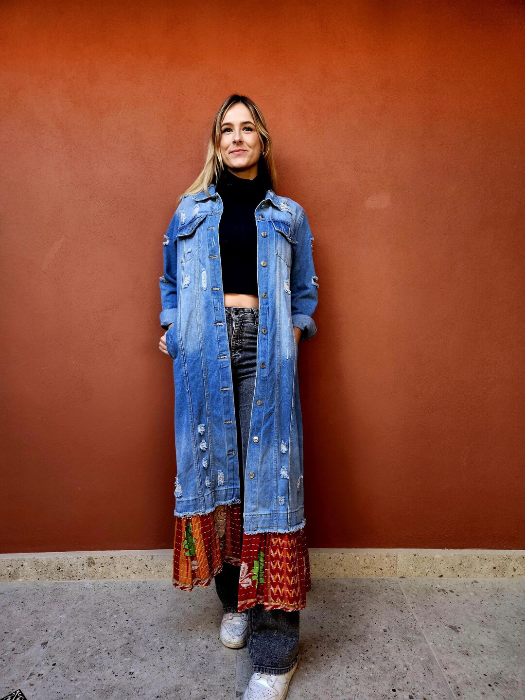 Distressed Denim Duster With Red and Orange Kantha - Etsy