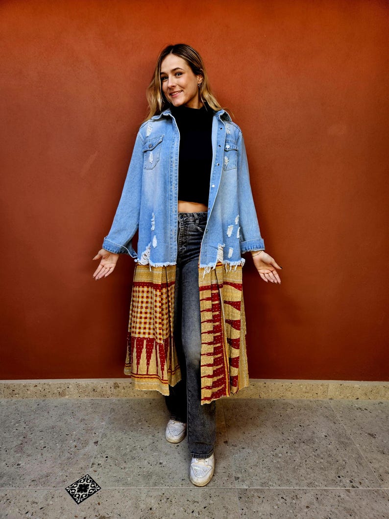 Distressed Denim Duster With Red Tan and Yellow Kantha - Etsy
