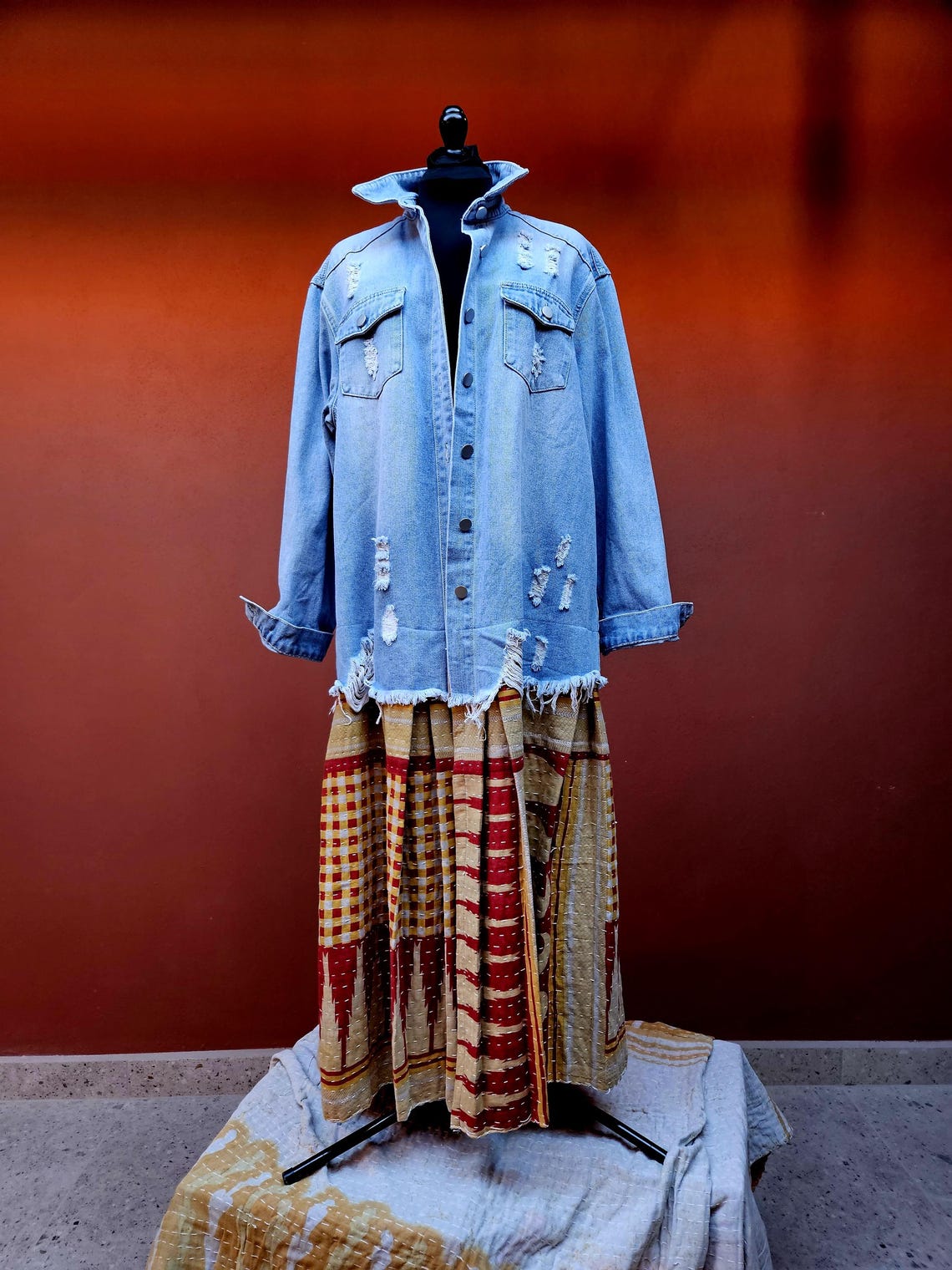 Distressed Denim Duster With Red Tan and Yellow Kantha - Etsy