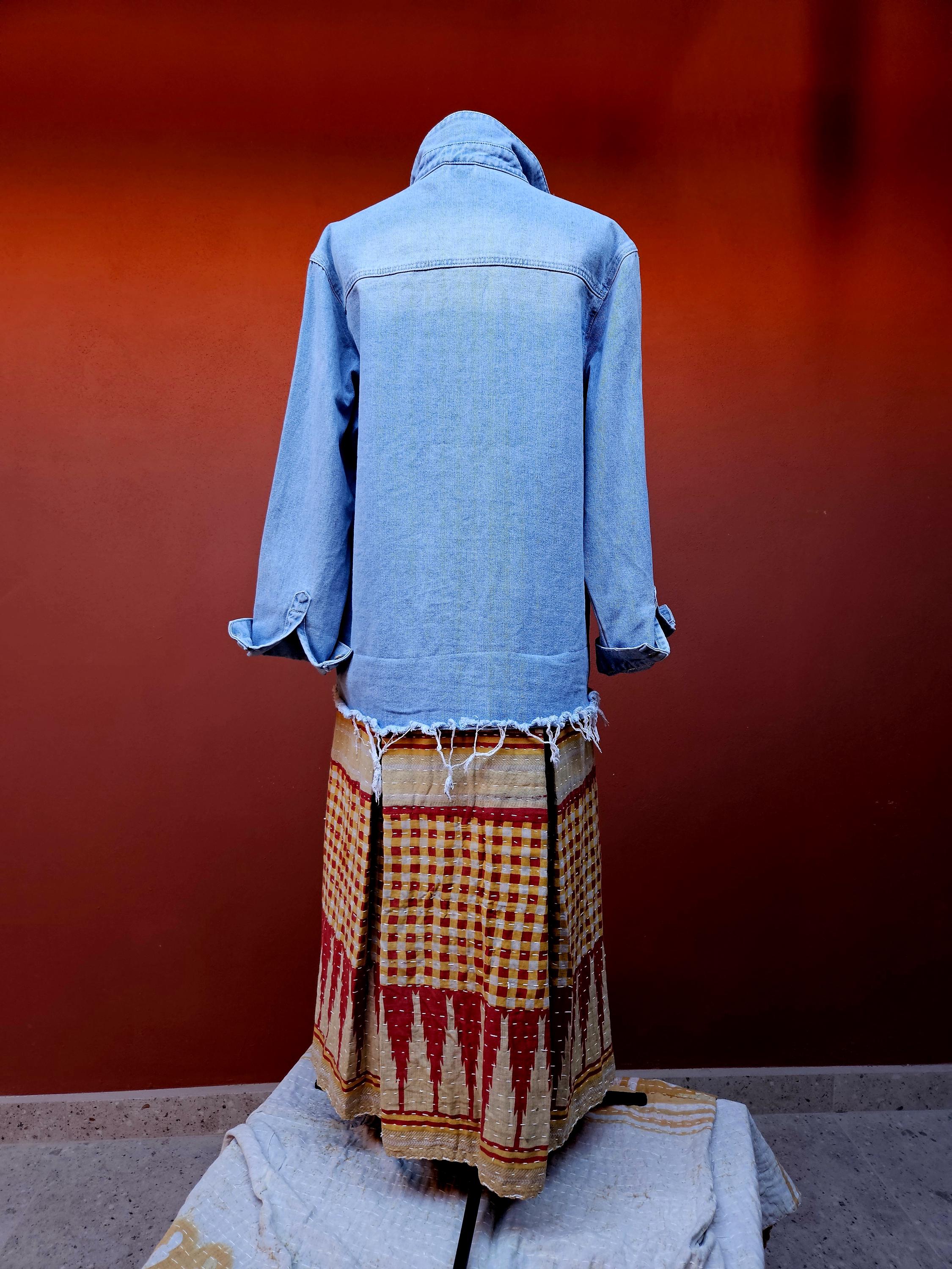 Distressed Denim Duster With Red Tan and Yellow Kantha - Etsy
