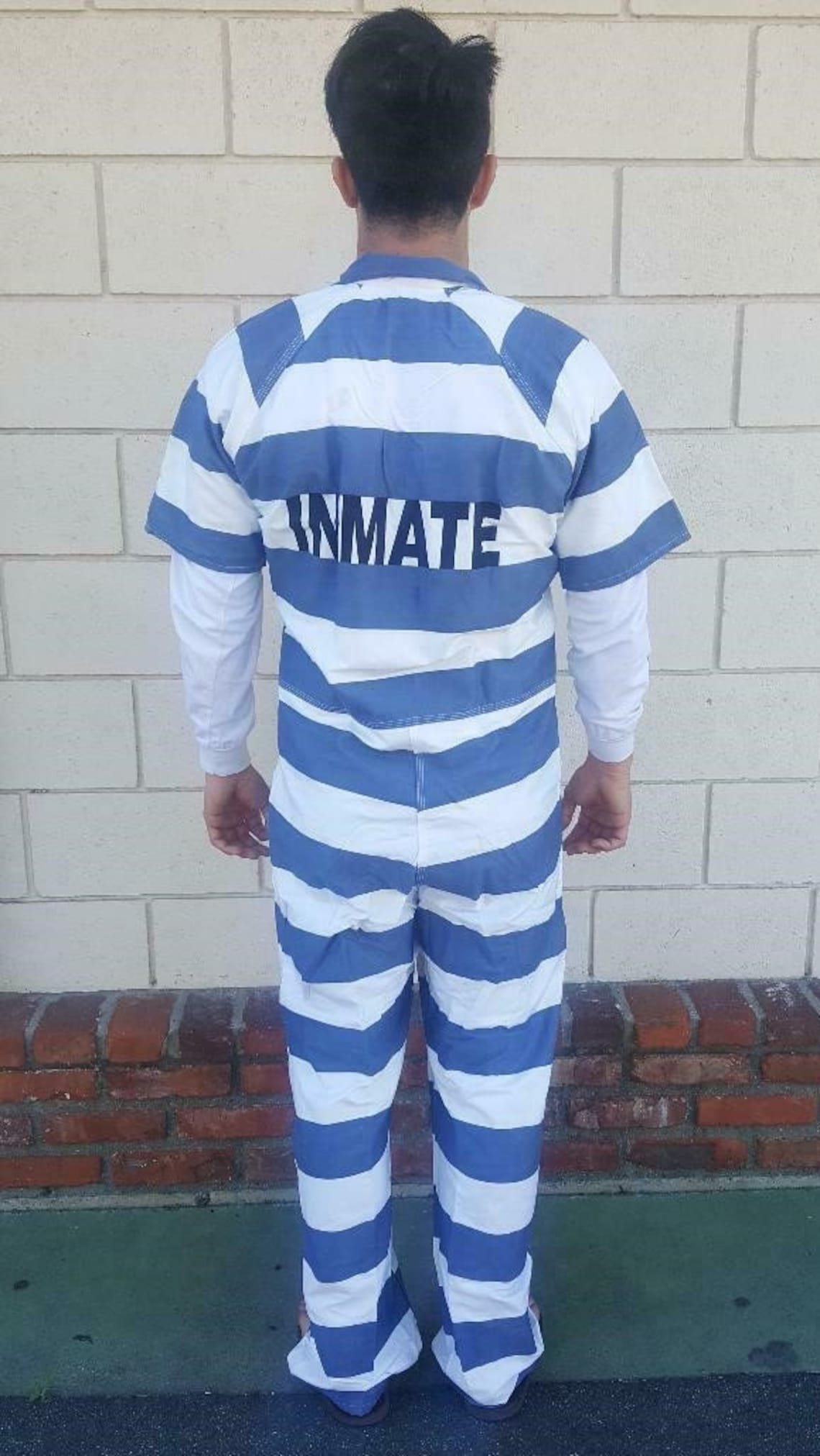 Jail Prison Inmate Jumpsuit Blue and White Stripe Halloween Costume ...