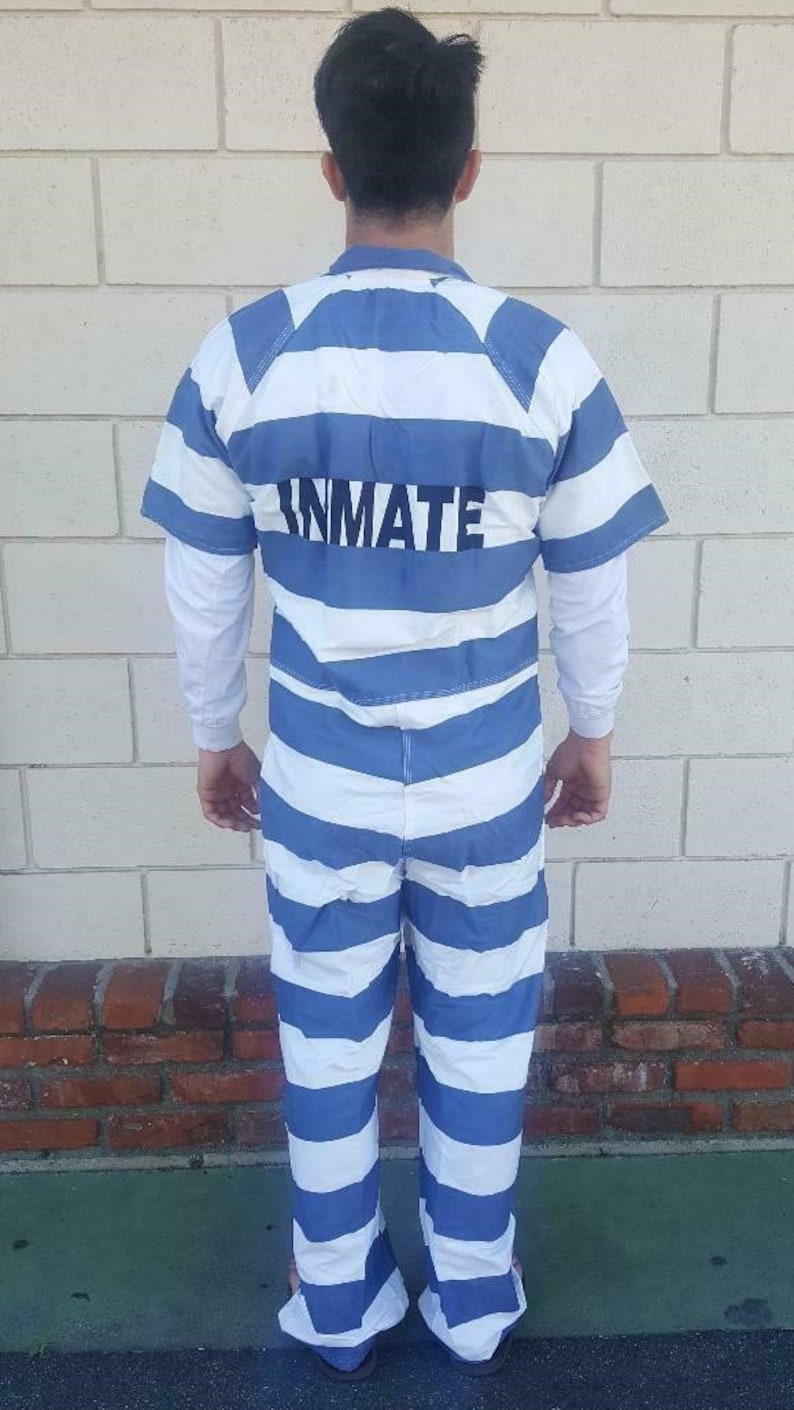 Jail Prison Inmate Jumpsuit Blue and White Stripe Halloween Costume ...
