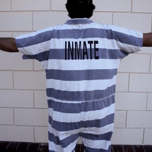Jail Prison Inmate Jumpsuit Blue and White Stripe Halloween Costume ...