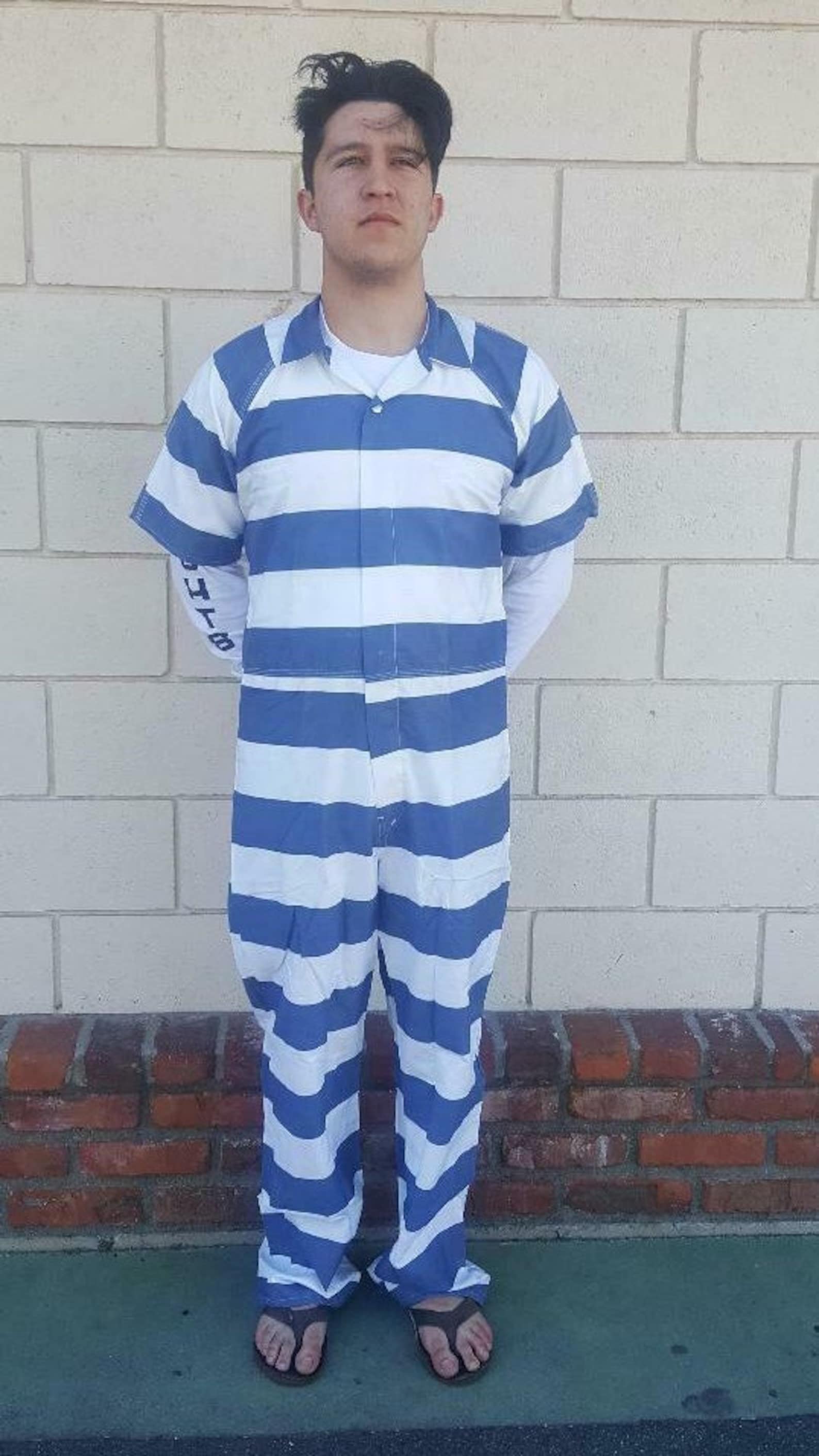 Jail Prison Inmate Jumpsuit Blue and White Stripe Halloween Costume ...