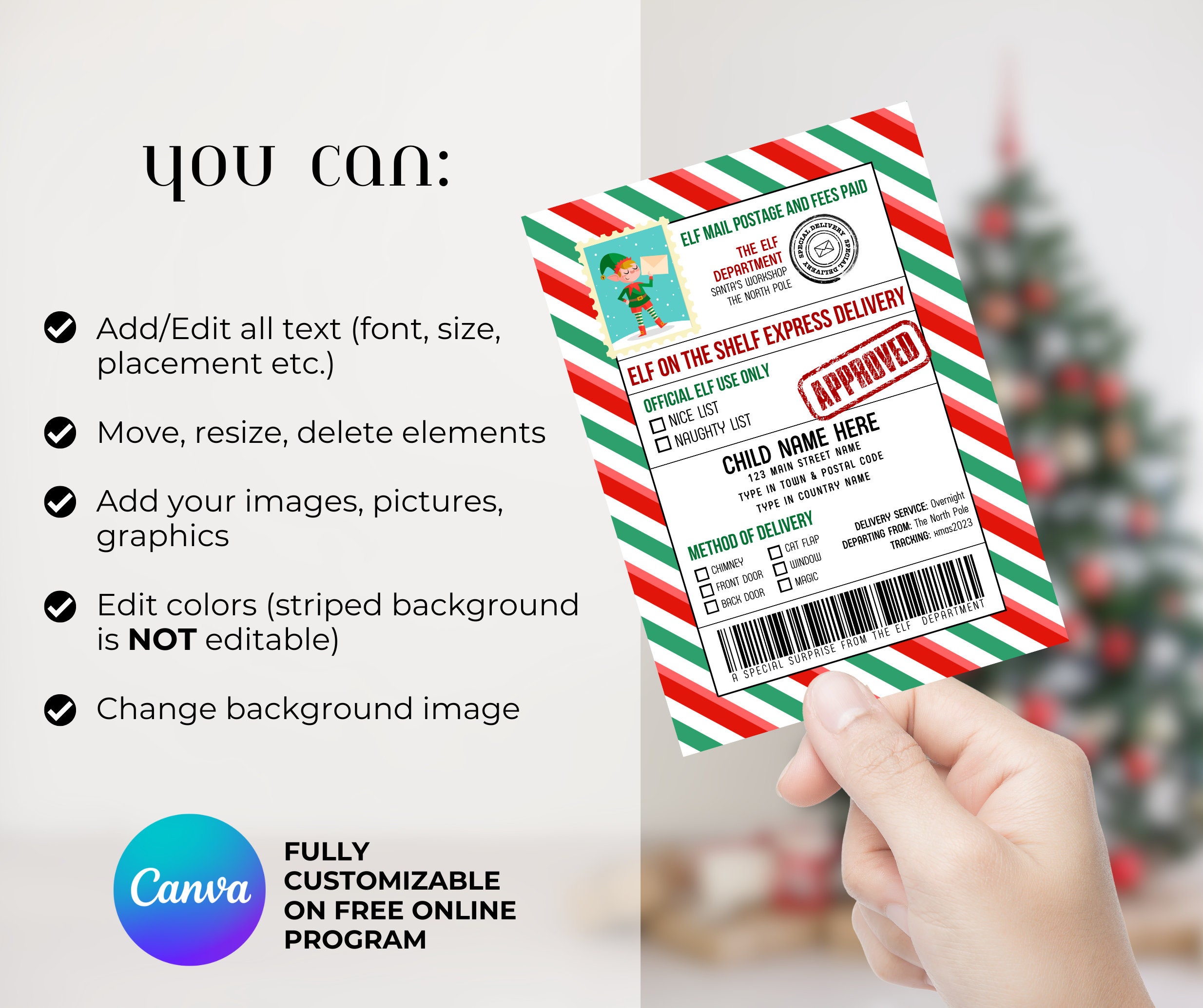 Elf Mail Shipping Label Editable, Gift Tag Template Canva, Christmas ...