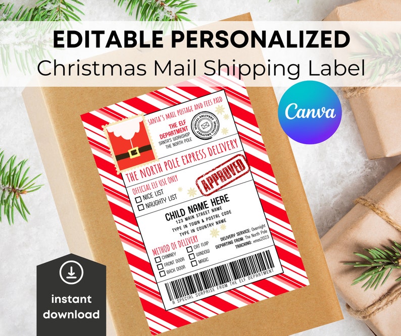 Elf Mail Shipping Label Editable, Gift Tag Template Canva, Christmas ...