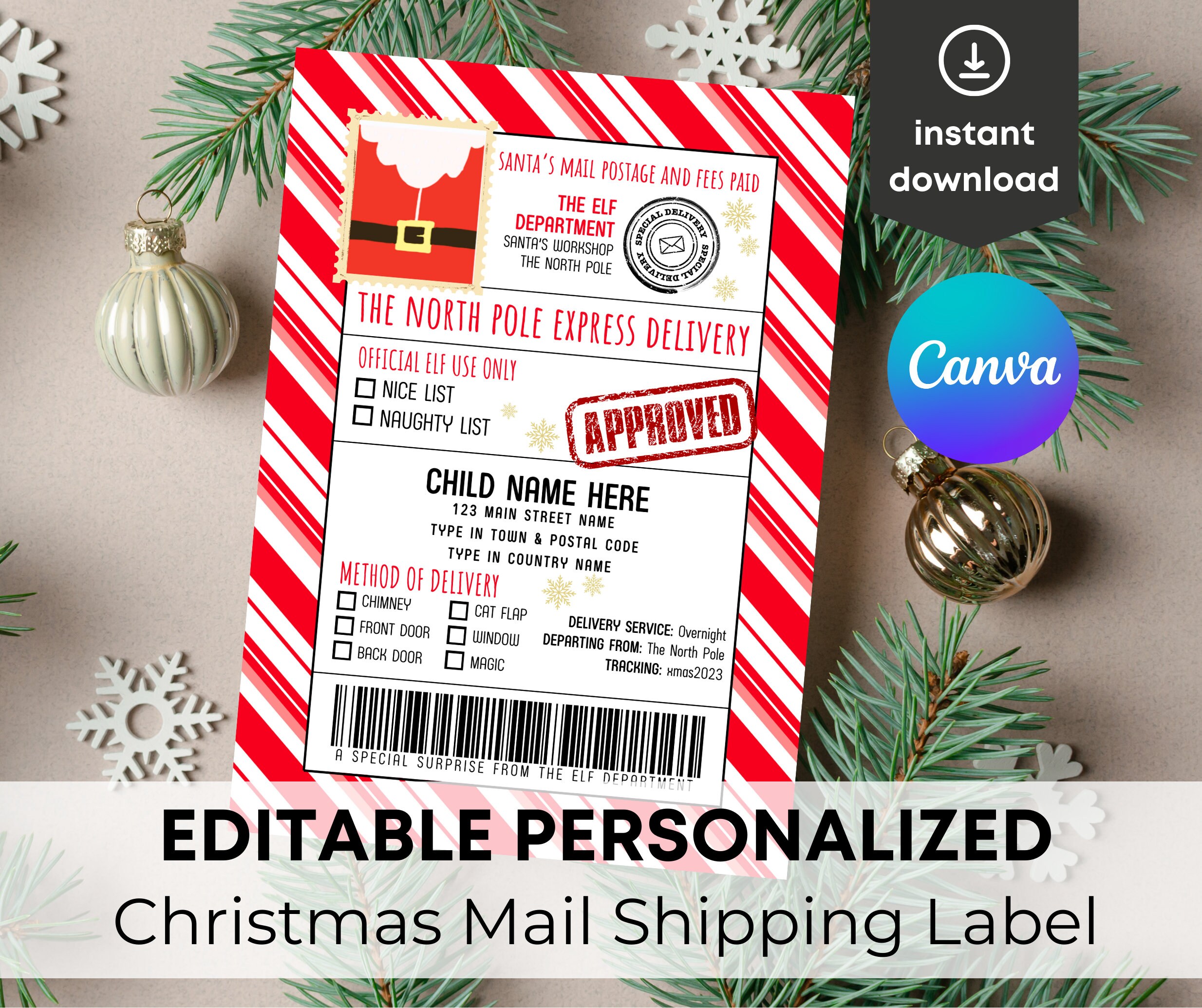 Elf Mail Shipping Label Editable, Gift Tag Template Canva, Christmas ...
