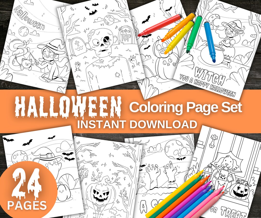 Halloween Coloring Page Set, Halloween Kids Activity, Halloween Party ...