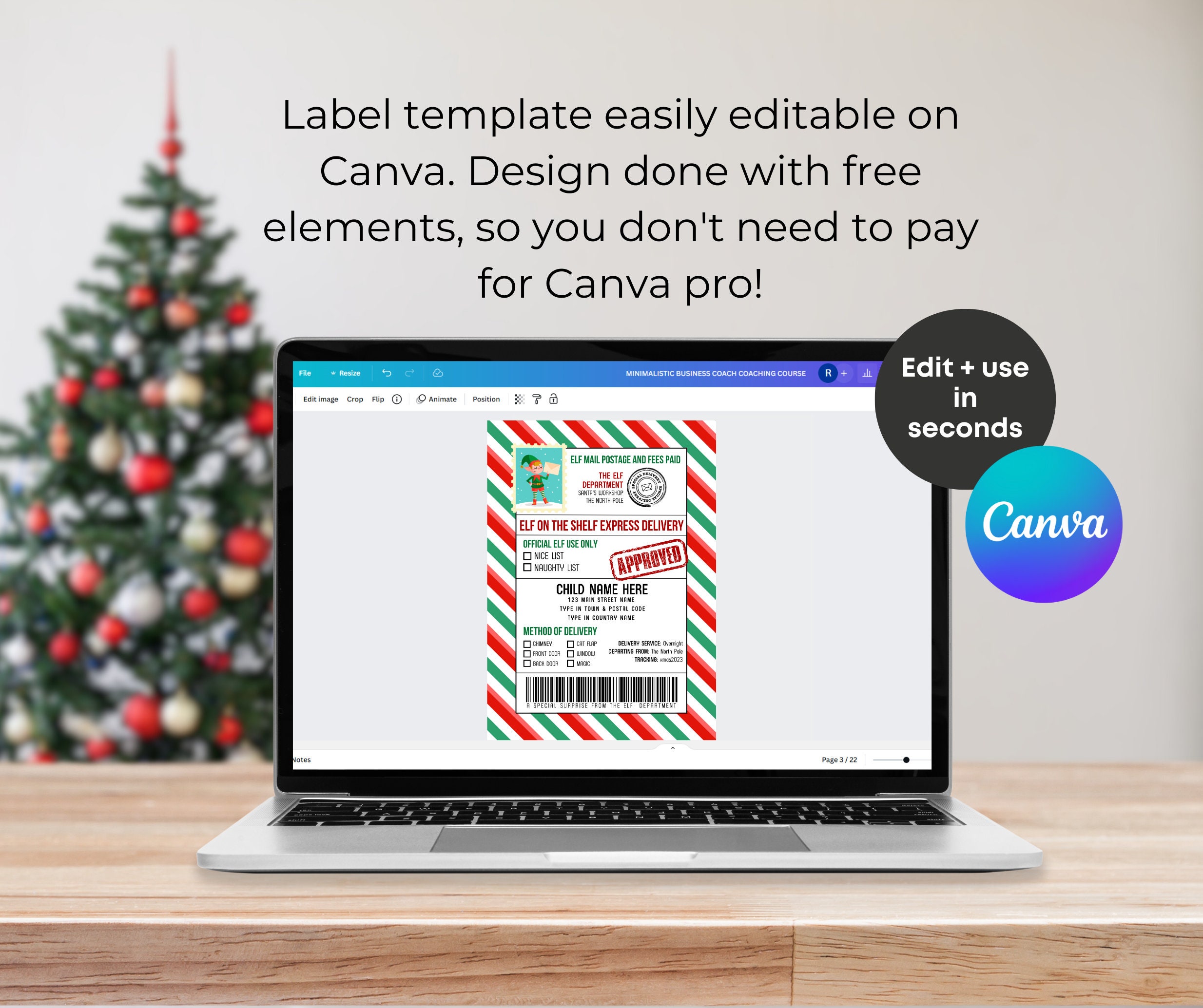 Elf Mail Shipping Label Editable, Gift Tag Template Canva, Christmas ...