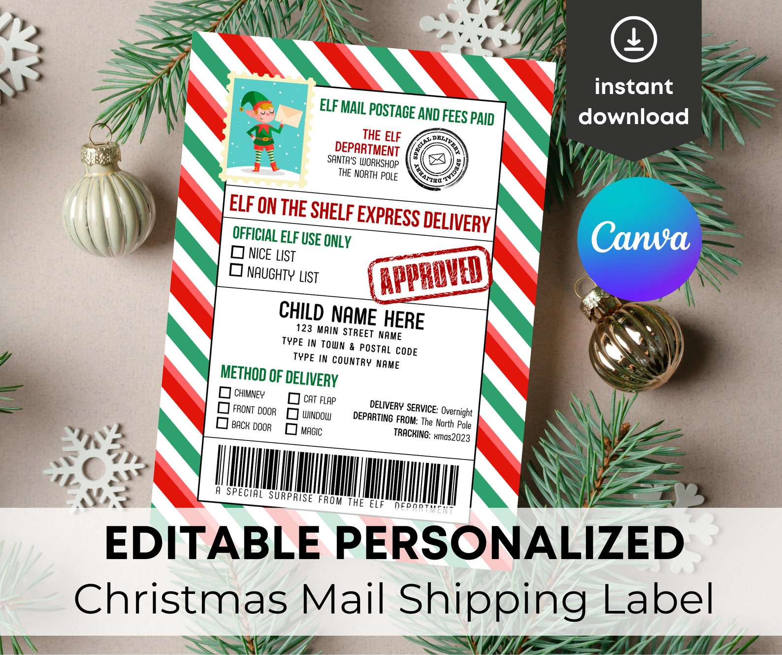 Elf Mail Shipping Label Editable, Gift Tag Template Canva, Christmas ...