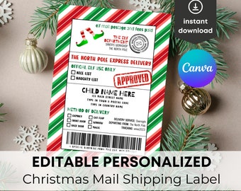 Elf Mail Shipping Label Editable, Gift Tag Template Canva, Christmas ...