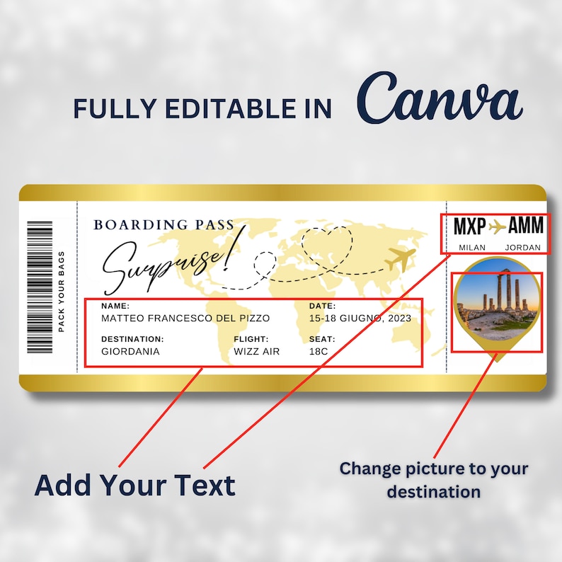 Editable Boarding Pass Template, Printable Personalized Airline Ticket ...