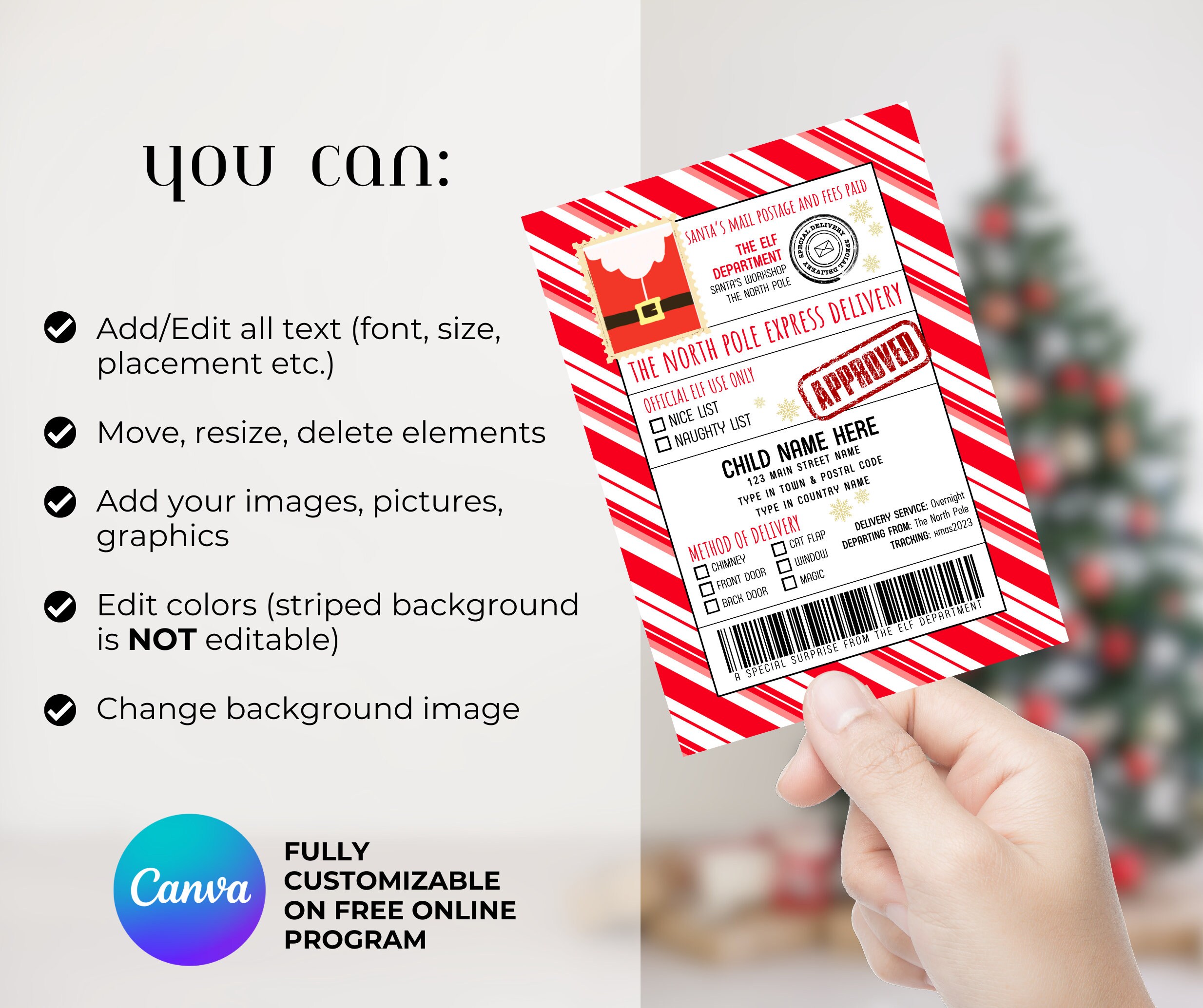 Elf Mail Shipping Label Editable, Gift Tag Template Canva, Christmas ...