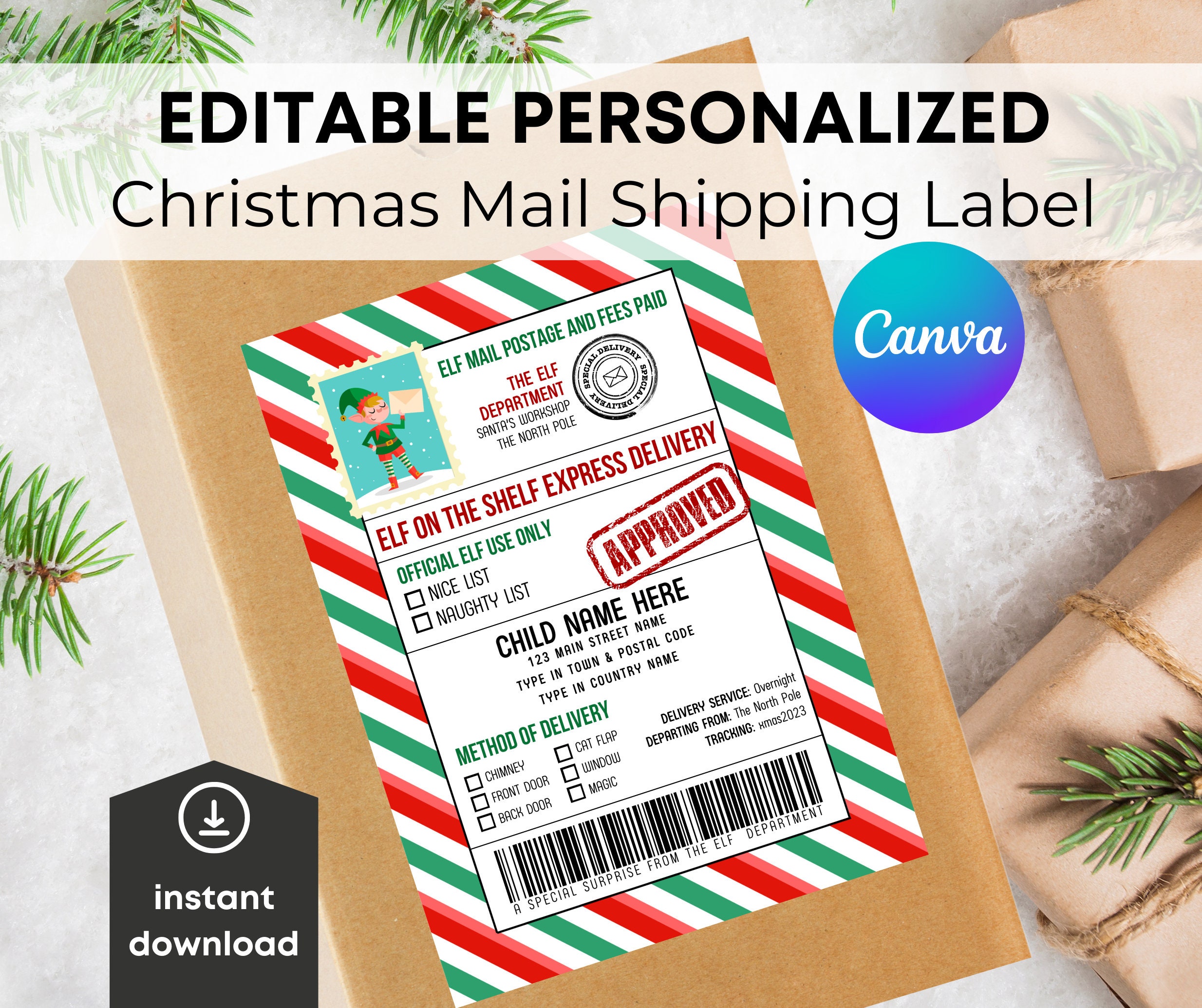 Elf Mail Shipping Label Editable, Gift Tag Template Canva, Christmas ...