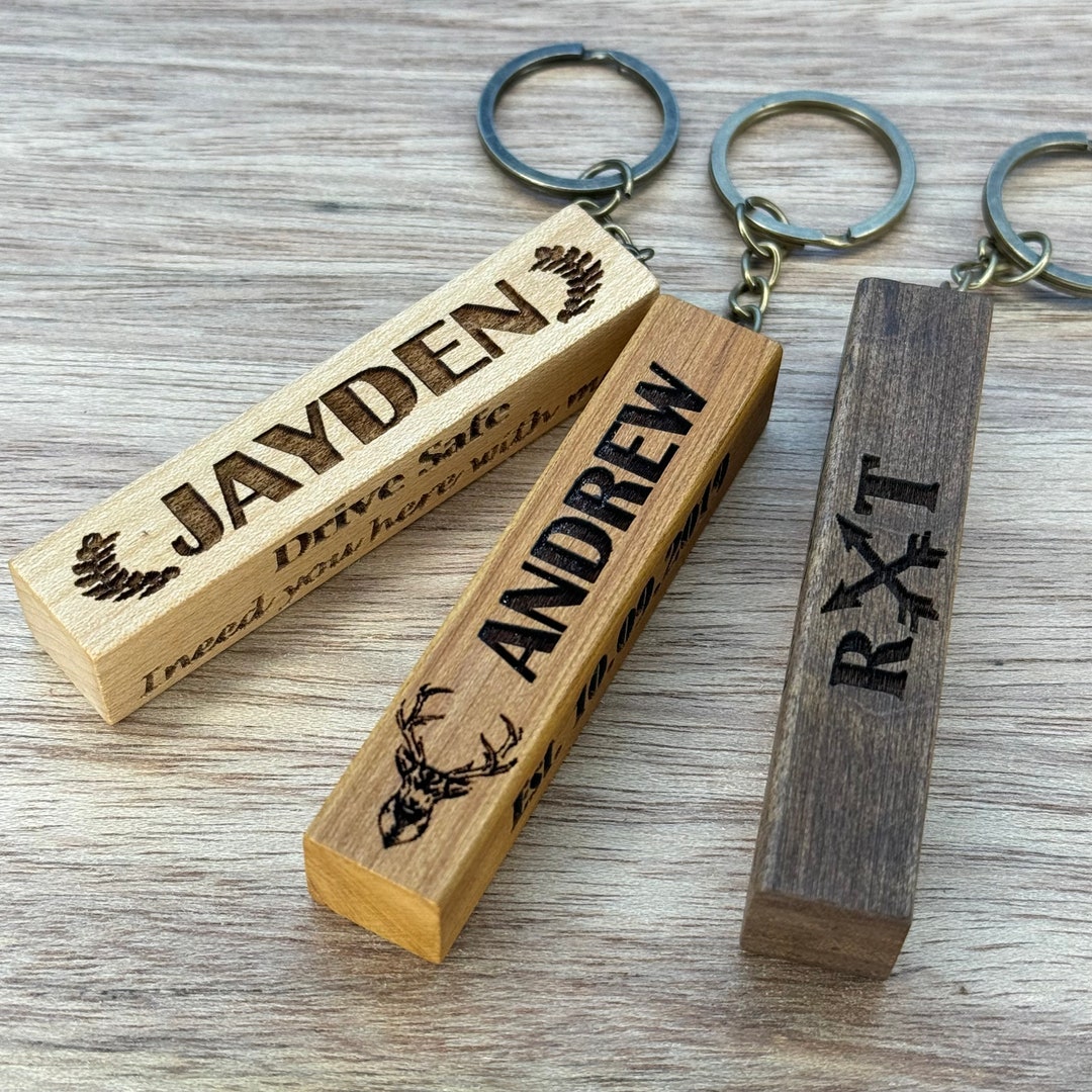 Personalized Wood Bar Key Chain, Engraved Wooden Keychain for Dad, Wood ...