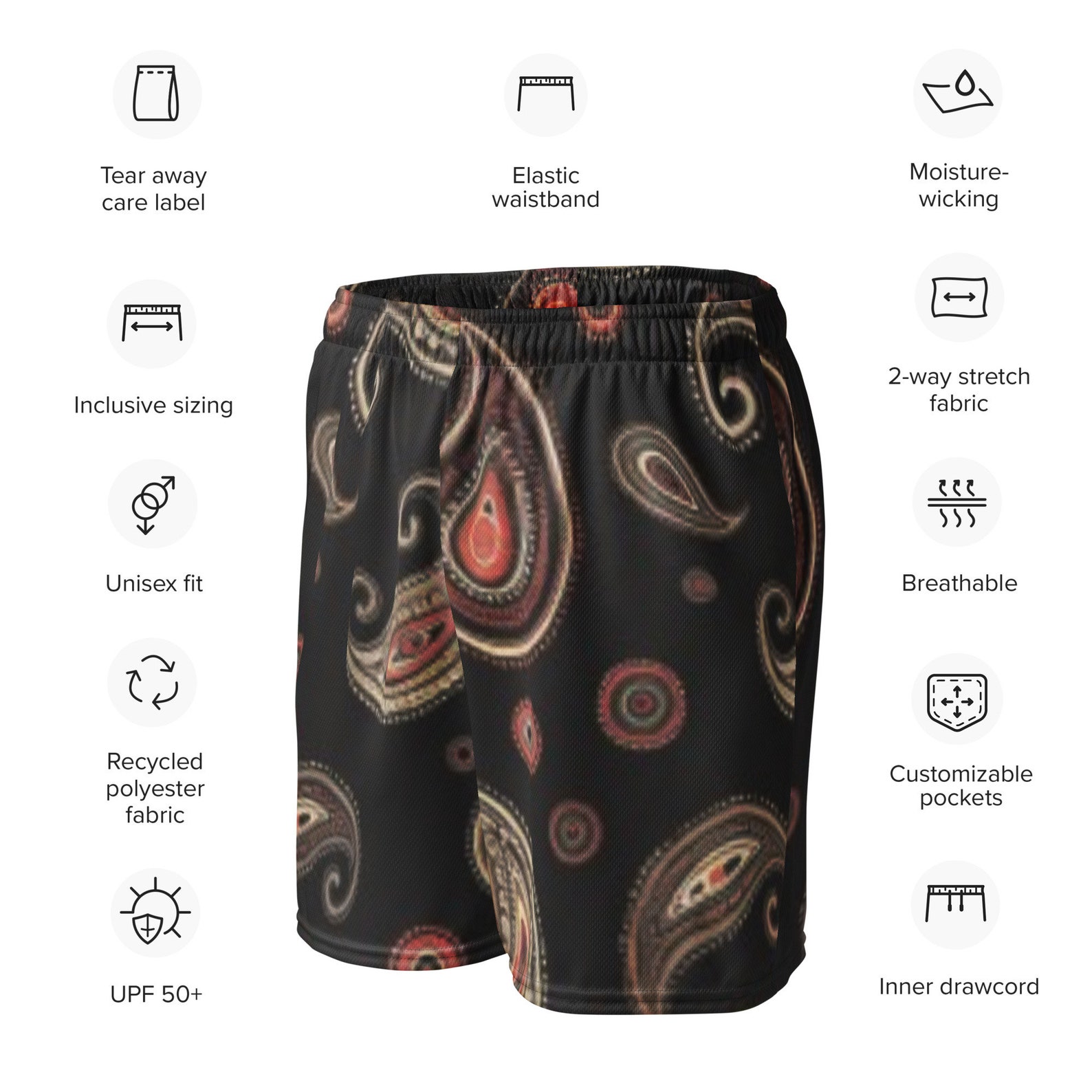 Red Graphite Unisex Mesh Shorts | Paisley Pattern Shorts for Men ...