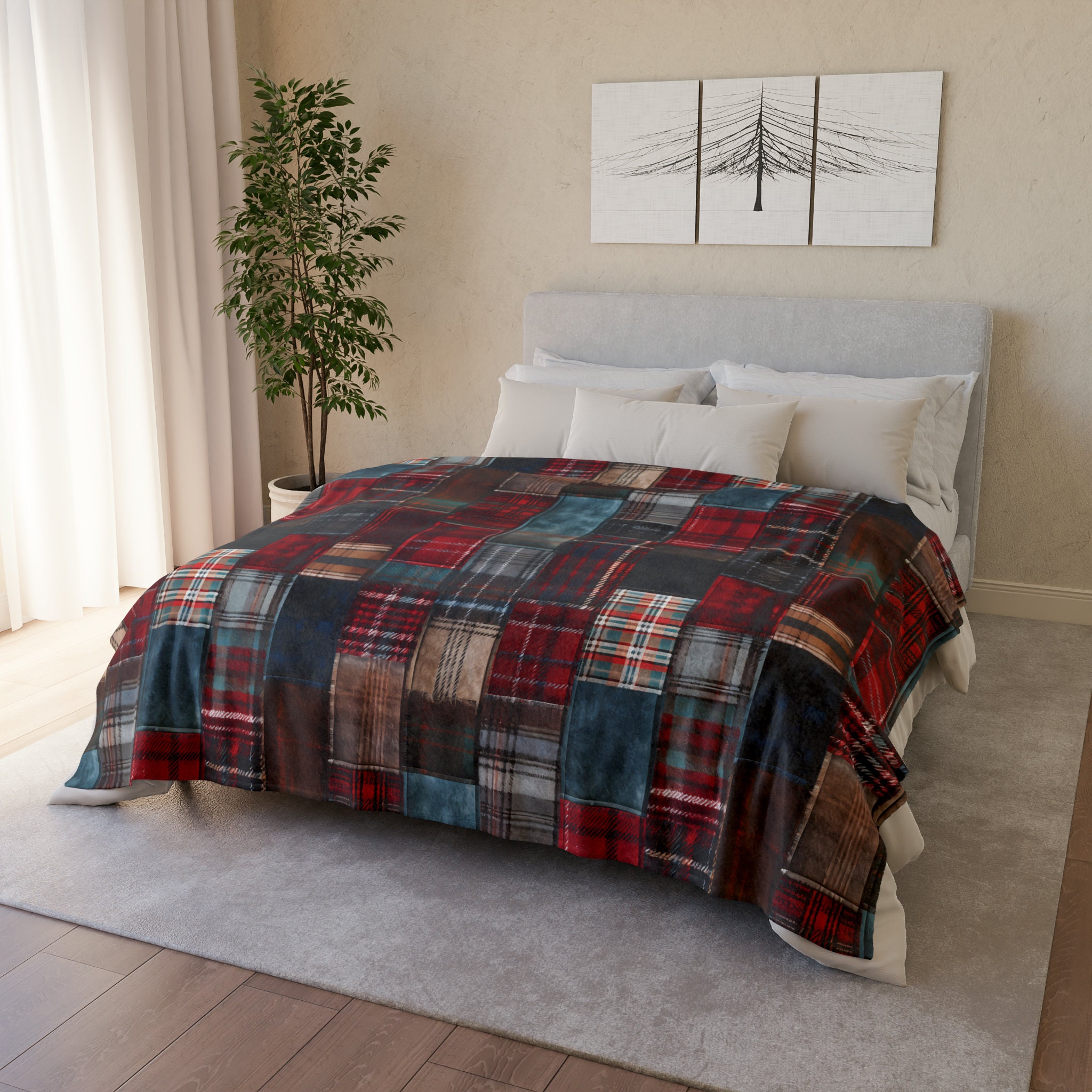 Plaid Flannel Patchwork Quilt Print in Reds and Blues on Super Soft ...