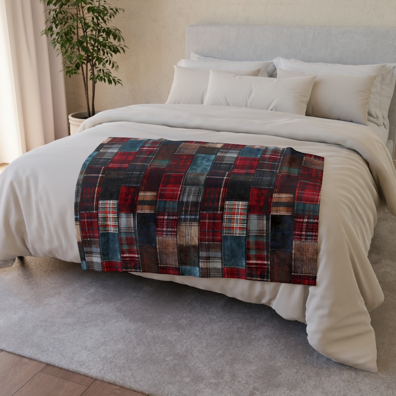 Plaid Flannel Patchwork Quilt Print in Reds and Blues on Super Soft ...
