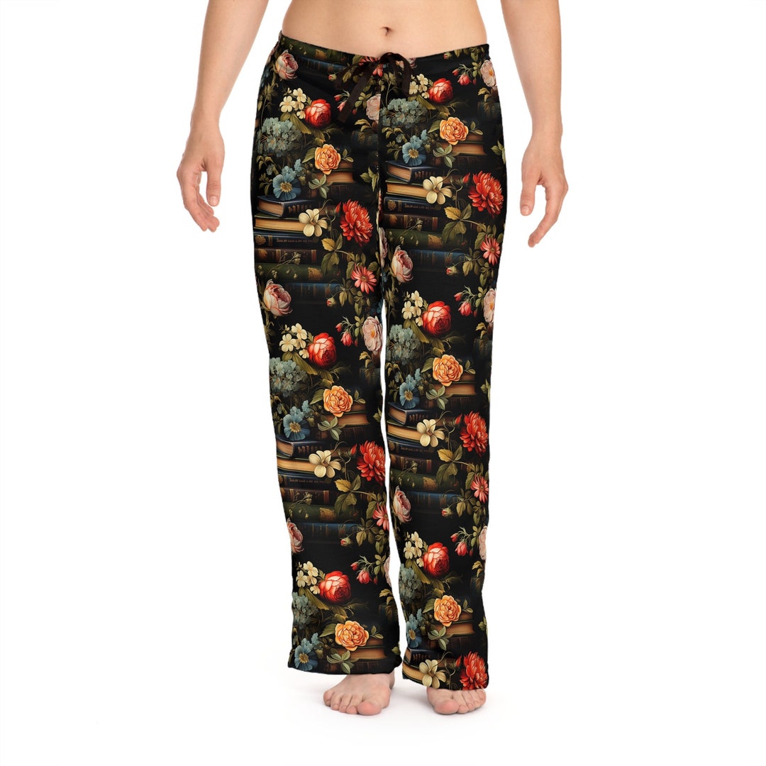 Book Lover Pajama Pants, Pretty Roses & Book Collage, Dark Academia ...