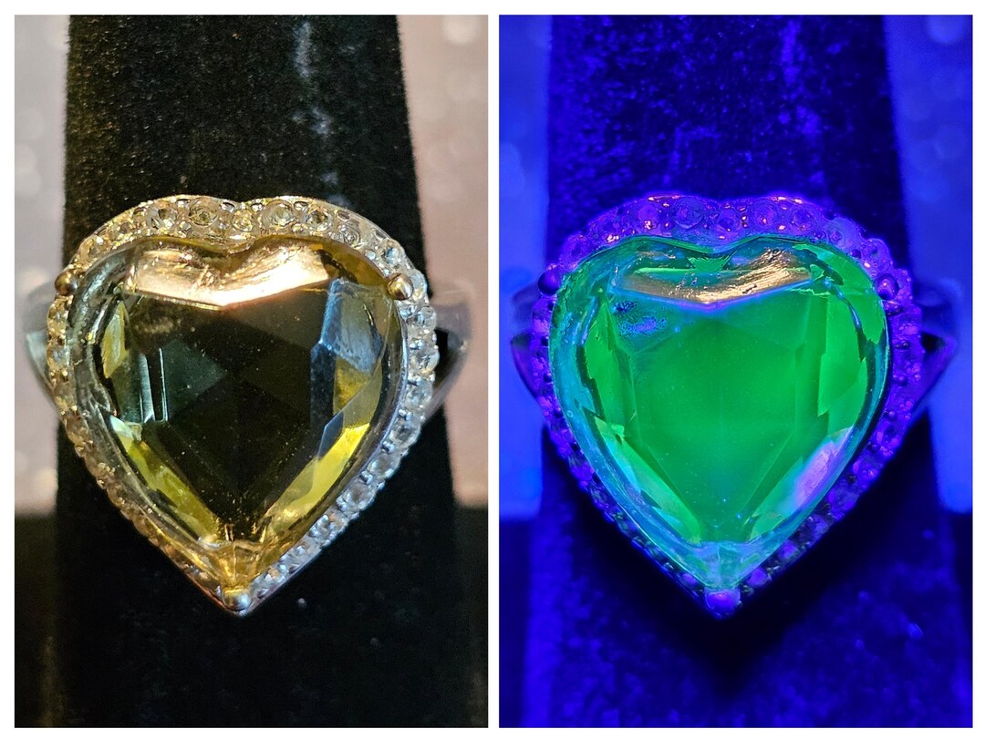 Uranium Glass Heart Cut Ring Size 7. New Sterling Silver With a Vintage ...