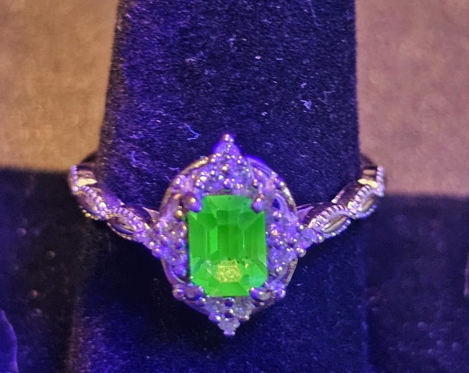 Uranium Glass Emerald Cut Ring Size 5 to 12 New Silver Plated With a ...