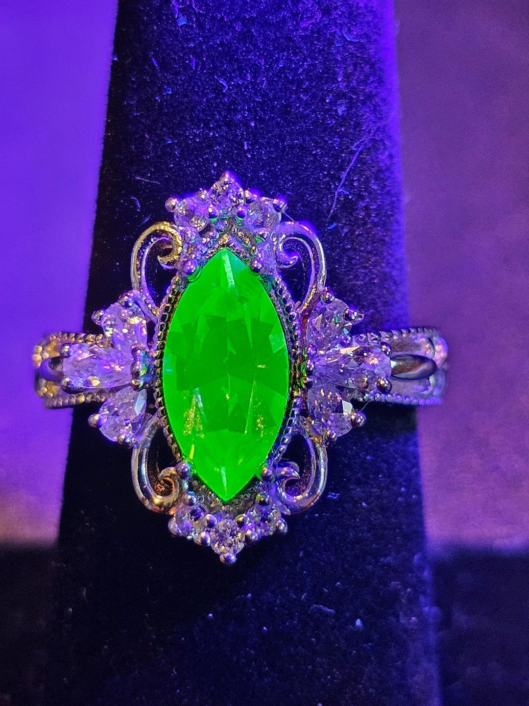 Uranium Glass Marquise Cut Ring Fleur De Lis Style New Sterling Silver ...