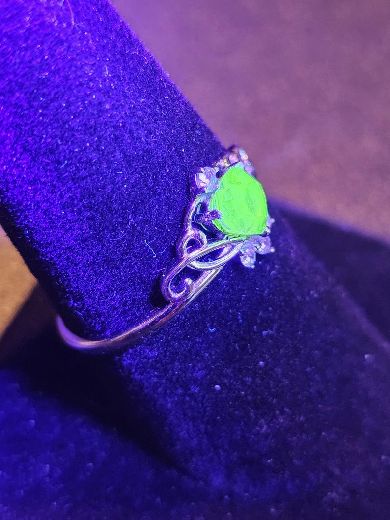 Uranium Glass Heart Cut Ring Size 6 to 10 New Sterling Silver With a ...