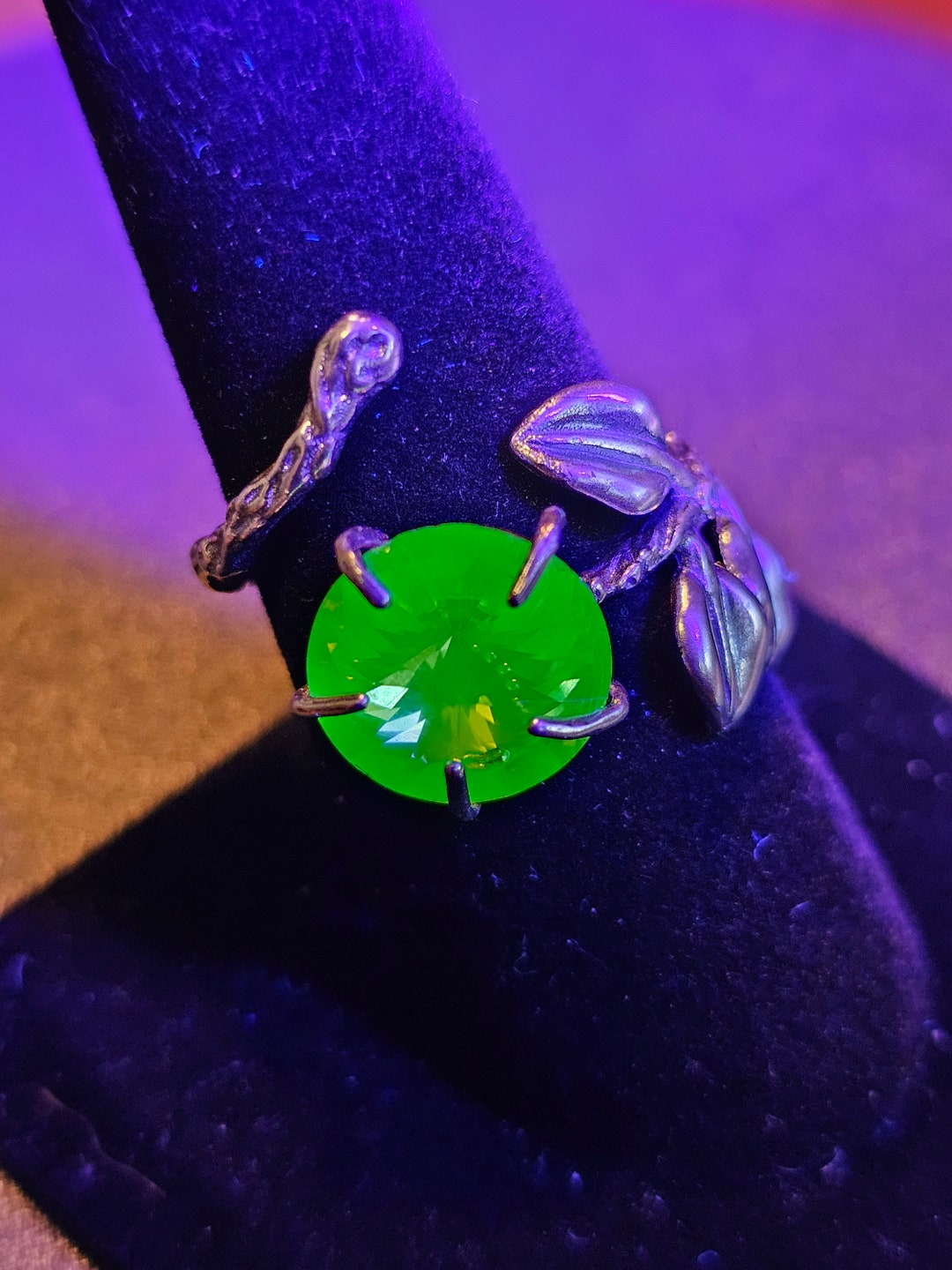 Uranium Glass Ring Adjustable Sterling Silver Leaf and Branch Design ...