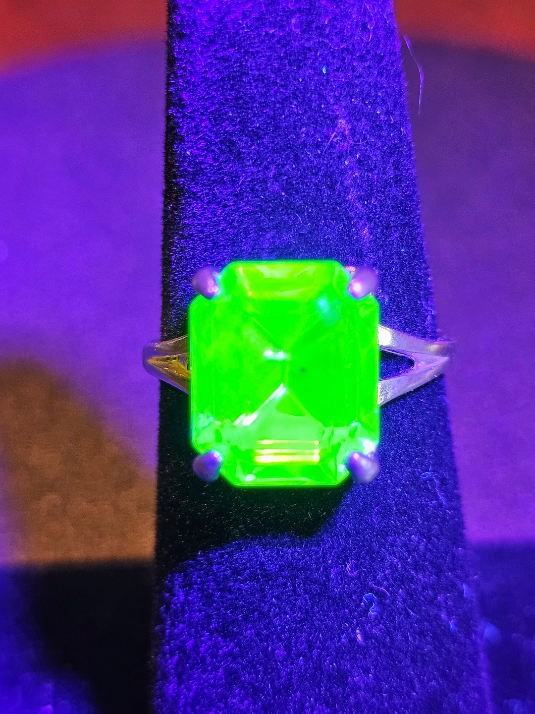 Uranium Glass Emerald Cut Ring Size 4.5, 6, 7 or 8 Sterling Silver With ...