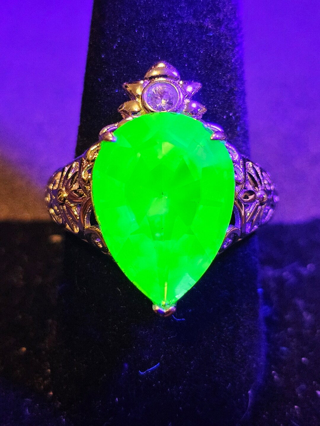 Uranium Glass Pear Cut Ring Size 6, 7, or 8 in New Sterling Silver With ...