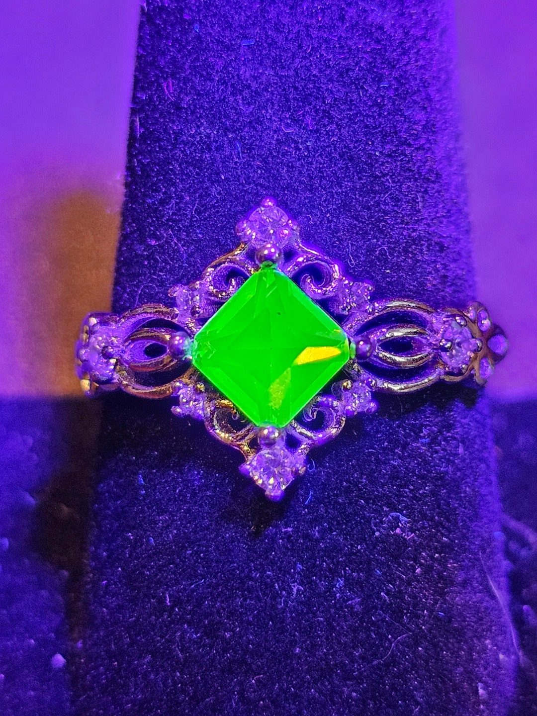 Uranium Glass Princess Cut Ring Size 5 to 12 New Sterling Silver With a ...