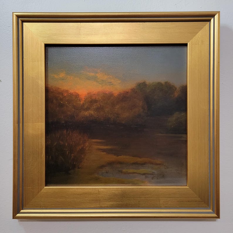 Framed Bayou Sunset Painting - 12x12 Inches Oil on Panel, Original ...