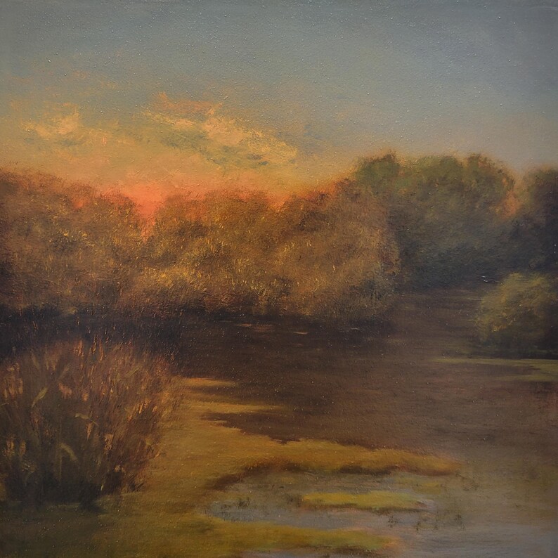 Framed Bayou Sunset Painting - 12x12 Inches Oil on Panel, Original ...