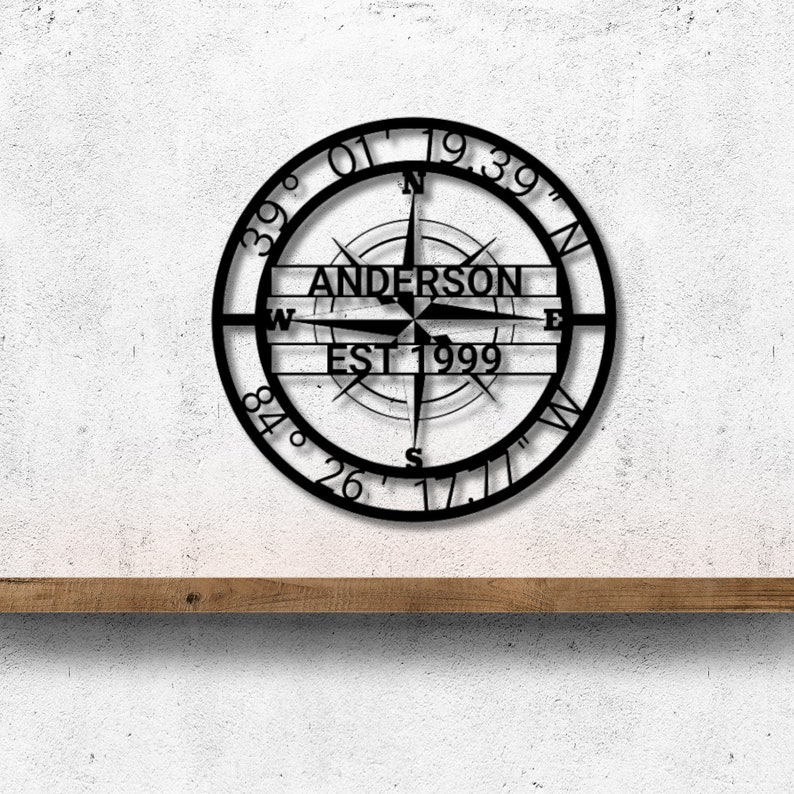 GPS Coordinates Sign, Nautical Compass, Metal Wall Art, Latitude ...