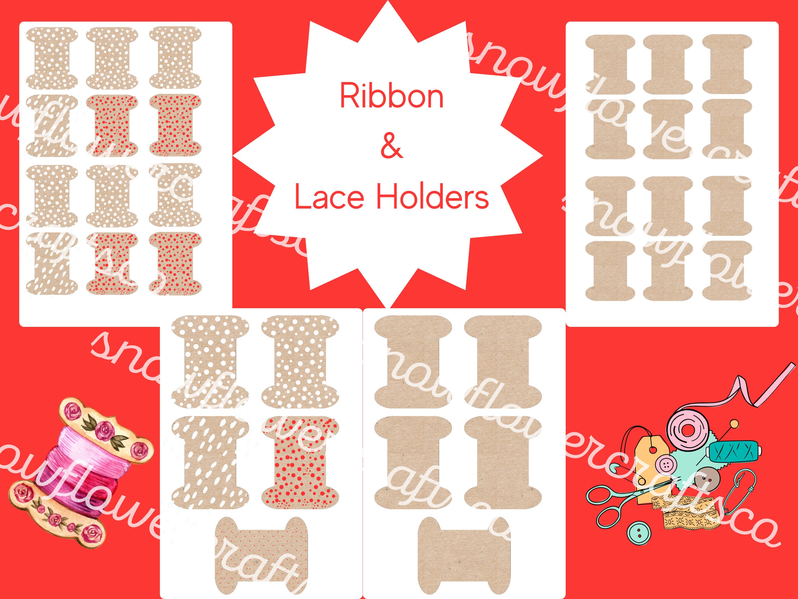 Digital Ribbon and Lace Holder, Printable Kit, Bobbin, Junk Journal ...